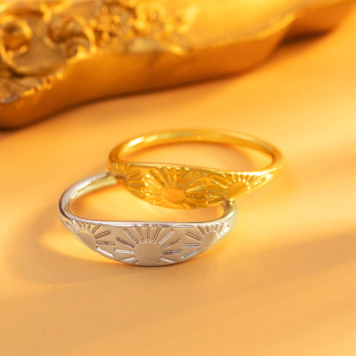 Ugaarsan Sunshine Phase Mini Ring You Are My Sunshine Simple Delicate Stacking Ring Details of Sun Statement Thumb Jewelry for Everyone-GD-08