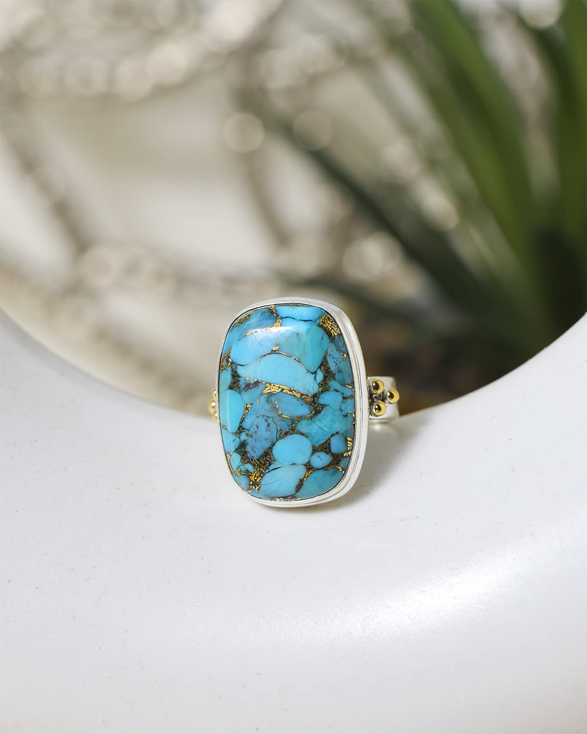 YoTreasure Blue Copper Turquoise Statement Ring 925 Sterling Silver with Brass Accents