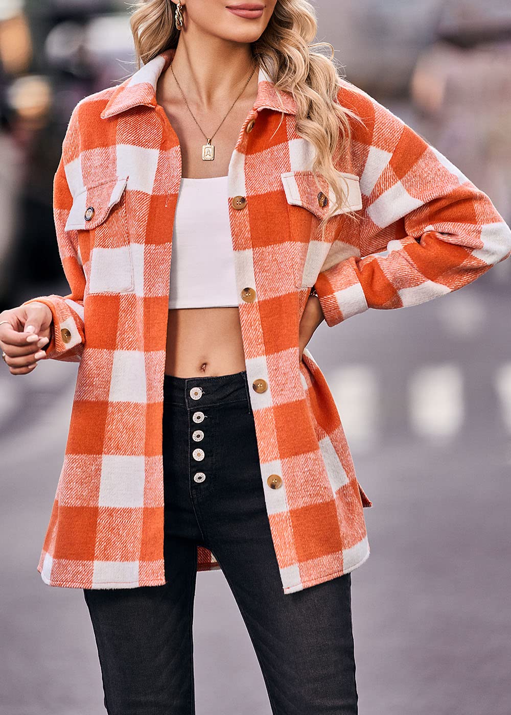 PRETTYGARDEN Women's 2024 Fall Clothes Plaid Shacket Jacket Long Sleeve Button Down Flannel Shirts Fashion Blouse (Plaid Orange White,Large)