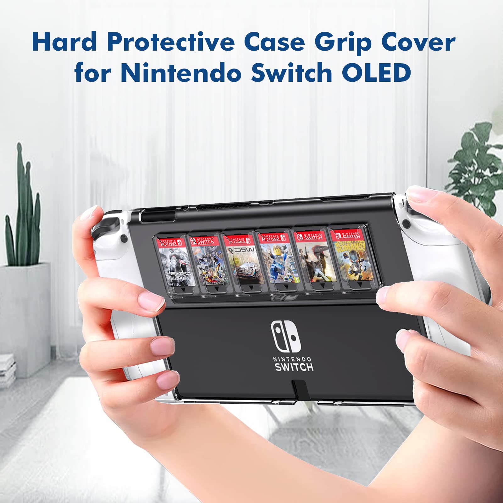 Trconk Clear Protective Case Compatible with Nintendo Switch OLED Model, Dockable Case Cover for Switch OLED with No-Slip Comfort Grip, 6 Game Card Storage, Hard PC Shell Protector Accessories