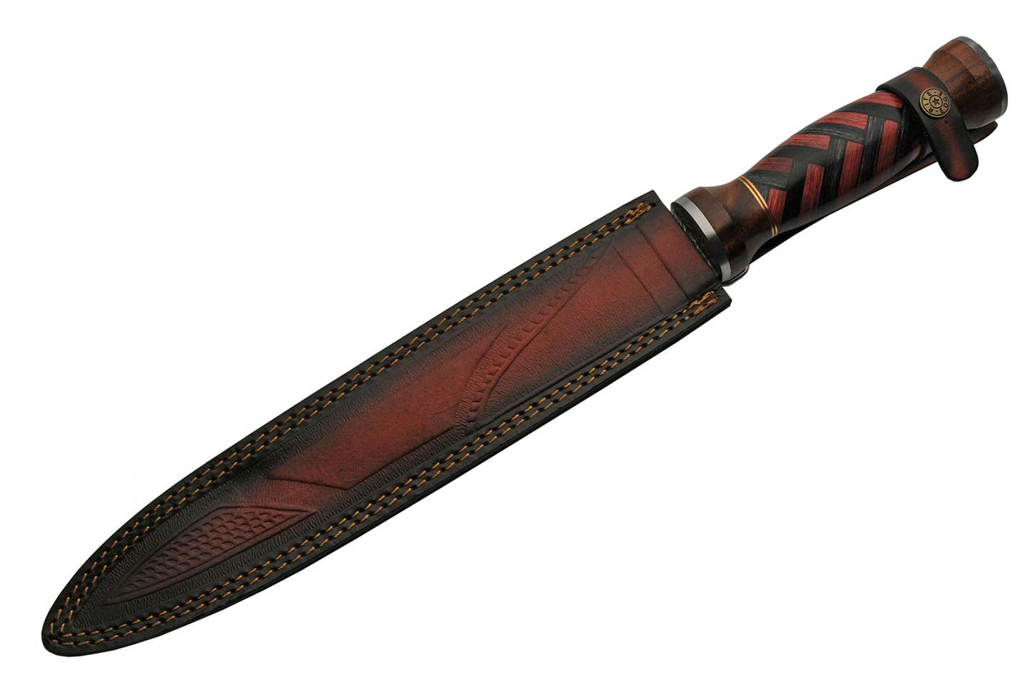 Szco Supplies 18.5" Red/Black Braided Wood Handle Damascus Steel Spear-Point Hunter's Knife
