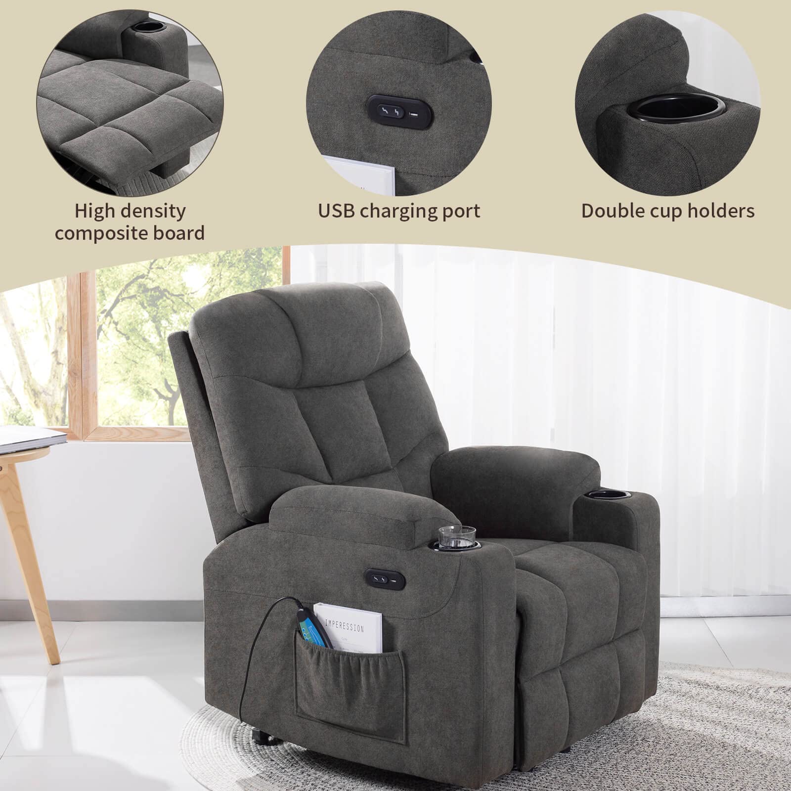 Patiowel Power Lift Recliner Chair Sofa for Elderly Heated Vibration Massage,Electric Fabric Recliner with Cup Holders, Side Pocket, Remote Control, USB Charge Port (Gray)