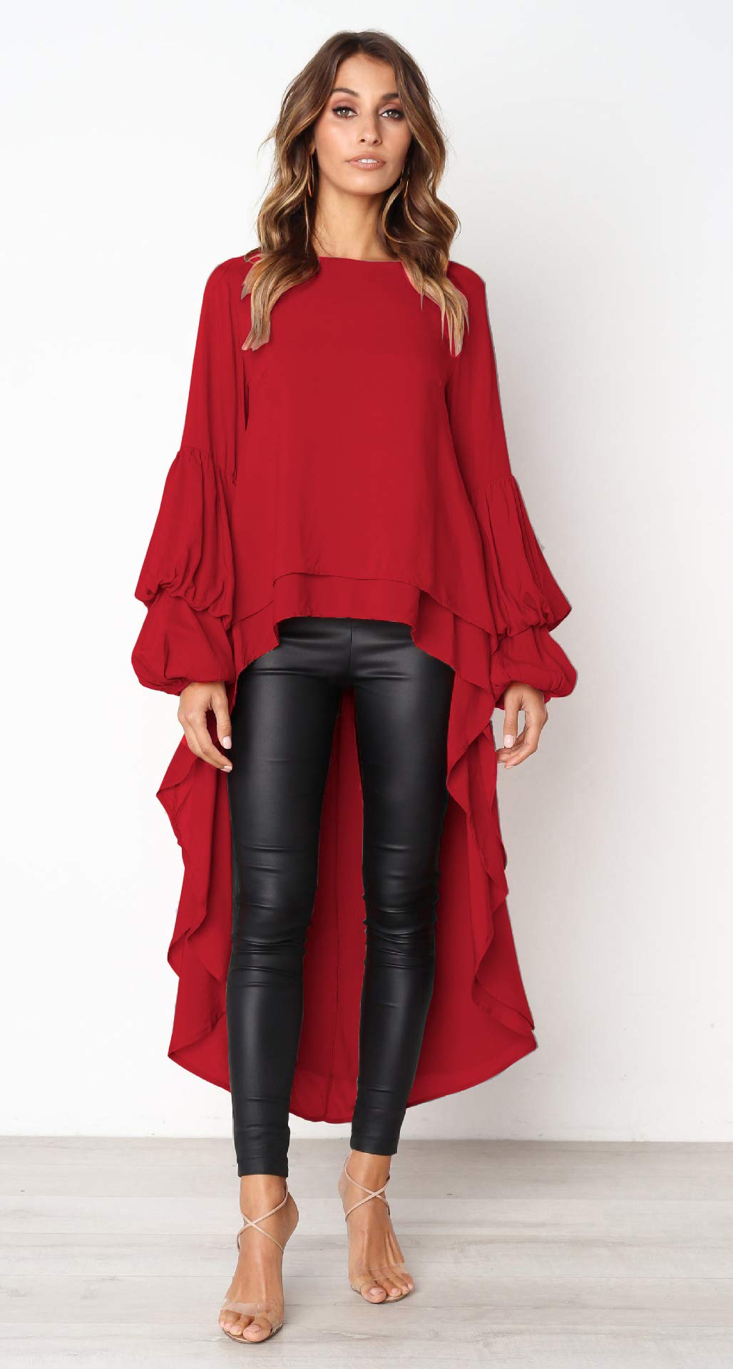 PRETTYGARDEN Women's Lantern Long Sleeve Round Neck High Low Asymmetrical Irregular Hem Casual Tops Blouse Shirt Dress (Red,Medium)