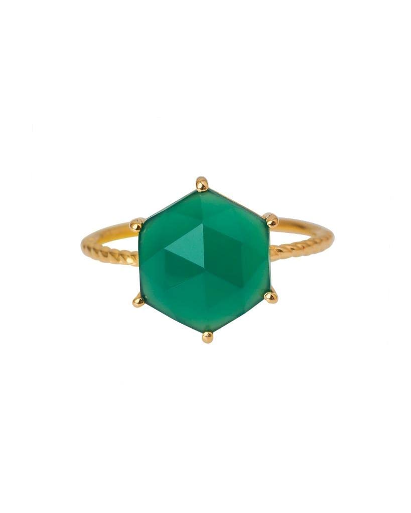 YoTreasure Natural Green Onyx Hexagon Solitaire Ring Gold Plated over 925 Sterling Silver jewelry