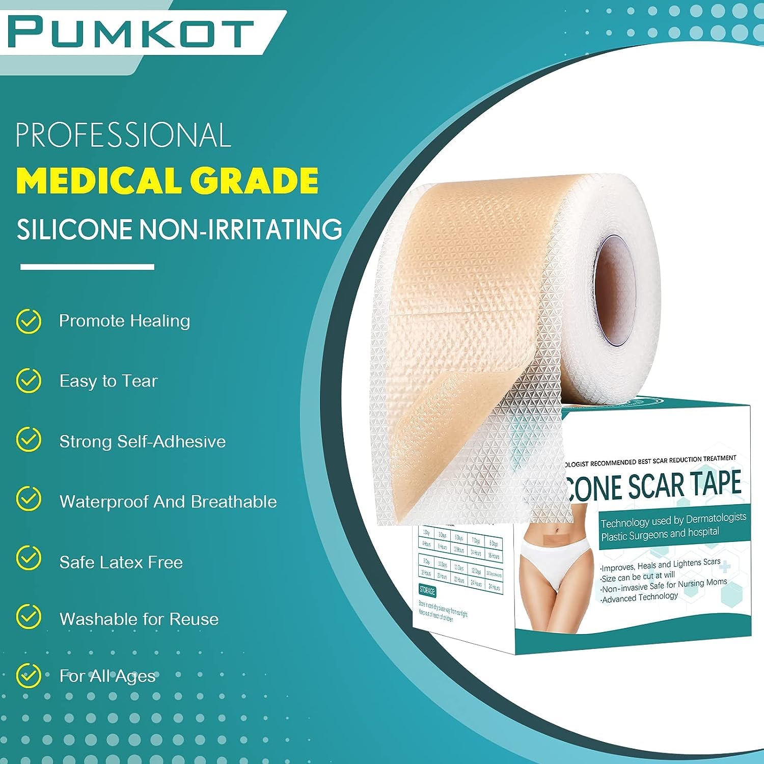 Pumkot Silicone Scar Sheets, Silicone Scar Tape(1.6β x 120β Roll-3M), Scar Removal Away Strips for Surgical Scars, Keloid, C-Section, Burn et
