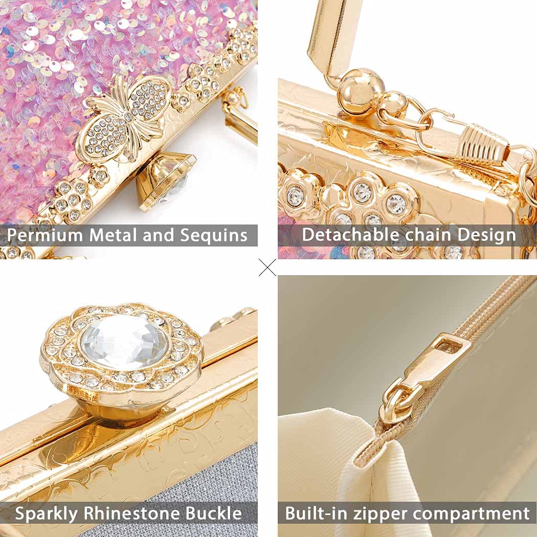 Yokawe Women's Sequin Clutch Purse Glitter Bride Evening Bag Wedding Party Prom Handbag Detachable Chain Shoulder Bags (Pink)