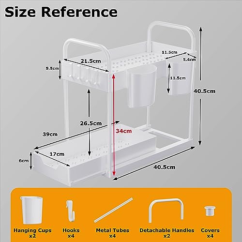 Under Sink Organizer, 2 Tier Sliding Bathroom Organizer Cabinet Storage with Hooks, Hanging Cups, Handles, Multi-purpose Under Sink Shelf Organizer for Bathroom Kitchen(1 Pack)