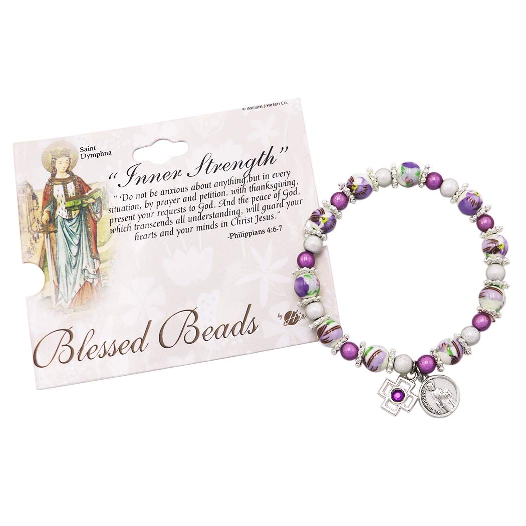 Rosemarie & Jubalee Women's Religious St Dymphna Purple and White Ceramic Bead Stretch Bracelet