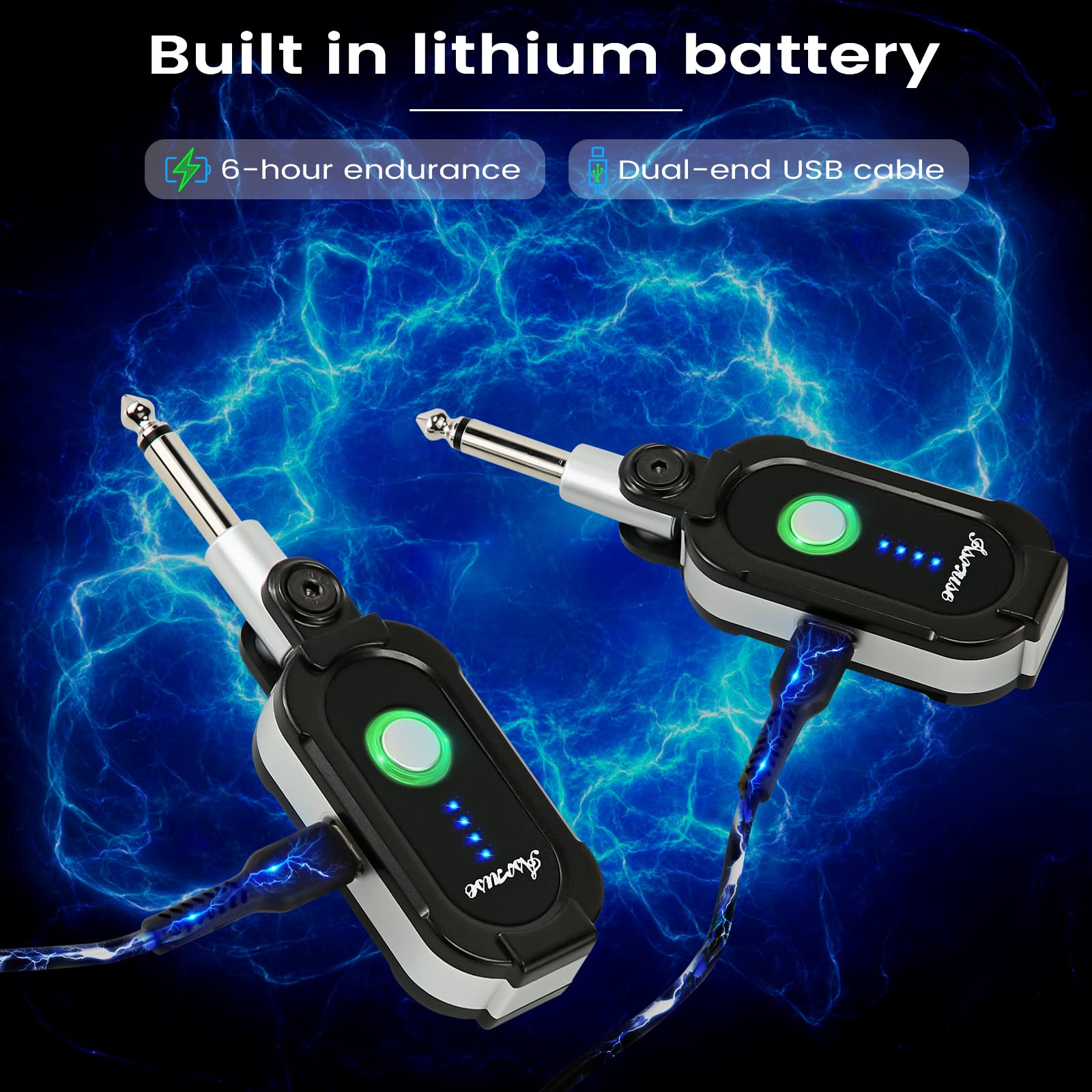 UHF Wireless Guitar System, Rechargeable Digital Wireless Guitar Transmitter Receiver with 20 Channels and Over 6 Hours Long Battery Life for Electric Guitar Bass