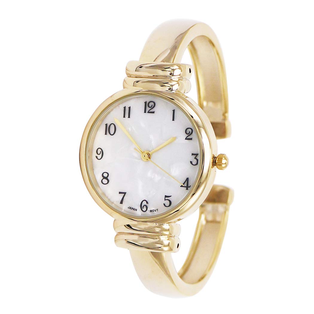 Rosemarie & Jubalee Women's Elegant Mother of Pearl Metal Hinged Cuff Bracelet Watch (Gold Tone)