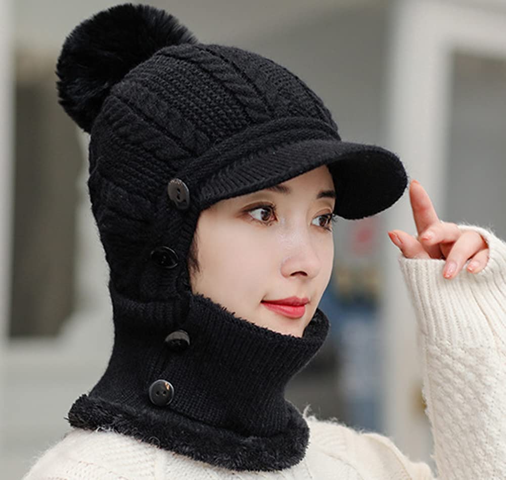 Women One Piece Slouchy Fleece Beanie Hats Scarf Mask Warm Winter Knitted Hat Thick Skull Ski Cap A-Black