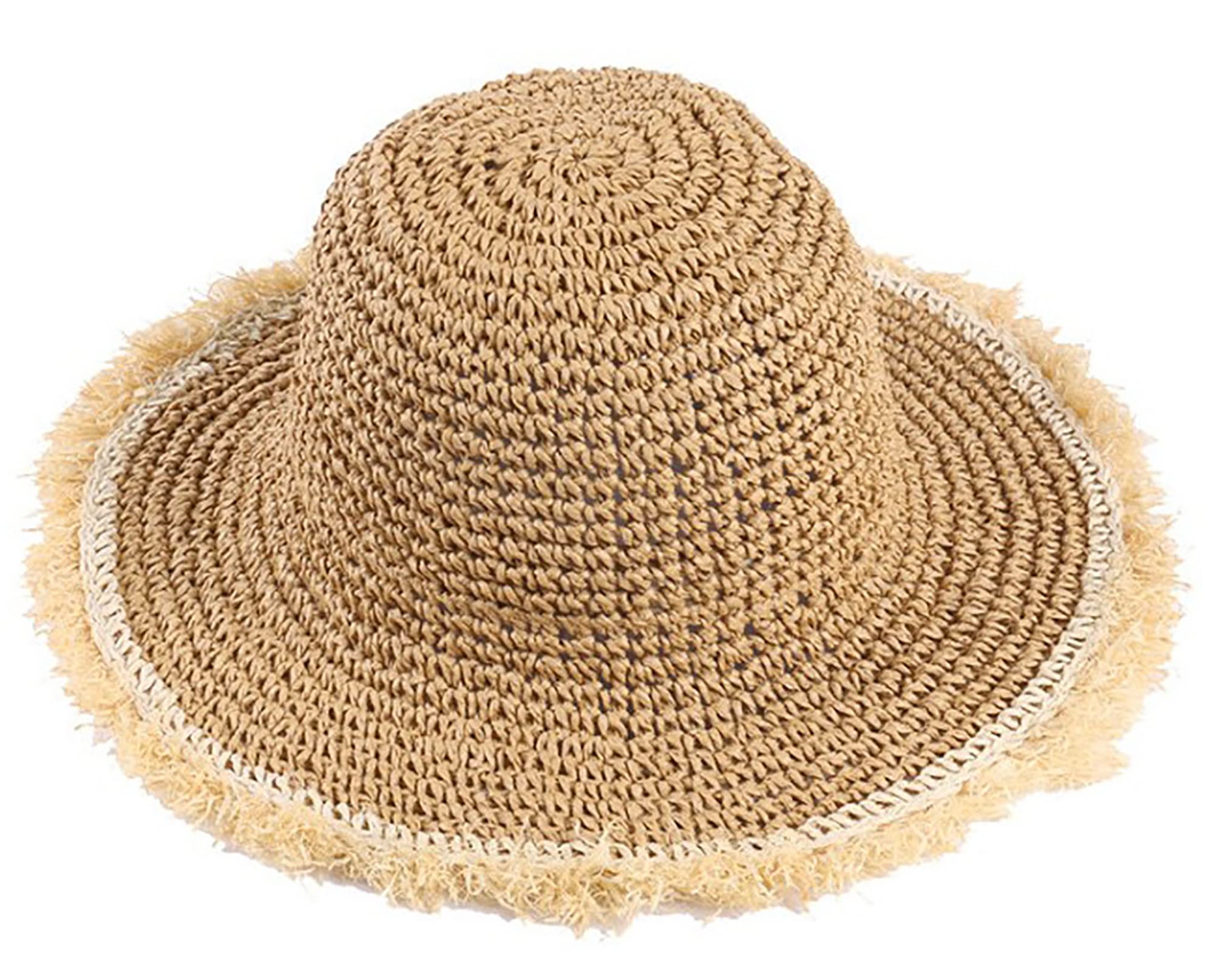 Womens Summer Frayed Straw Bucket-Sun-Hats Floppy Wide Brim Beach Straw Bucket Hat (Large/60cm) Khaki