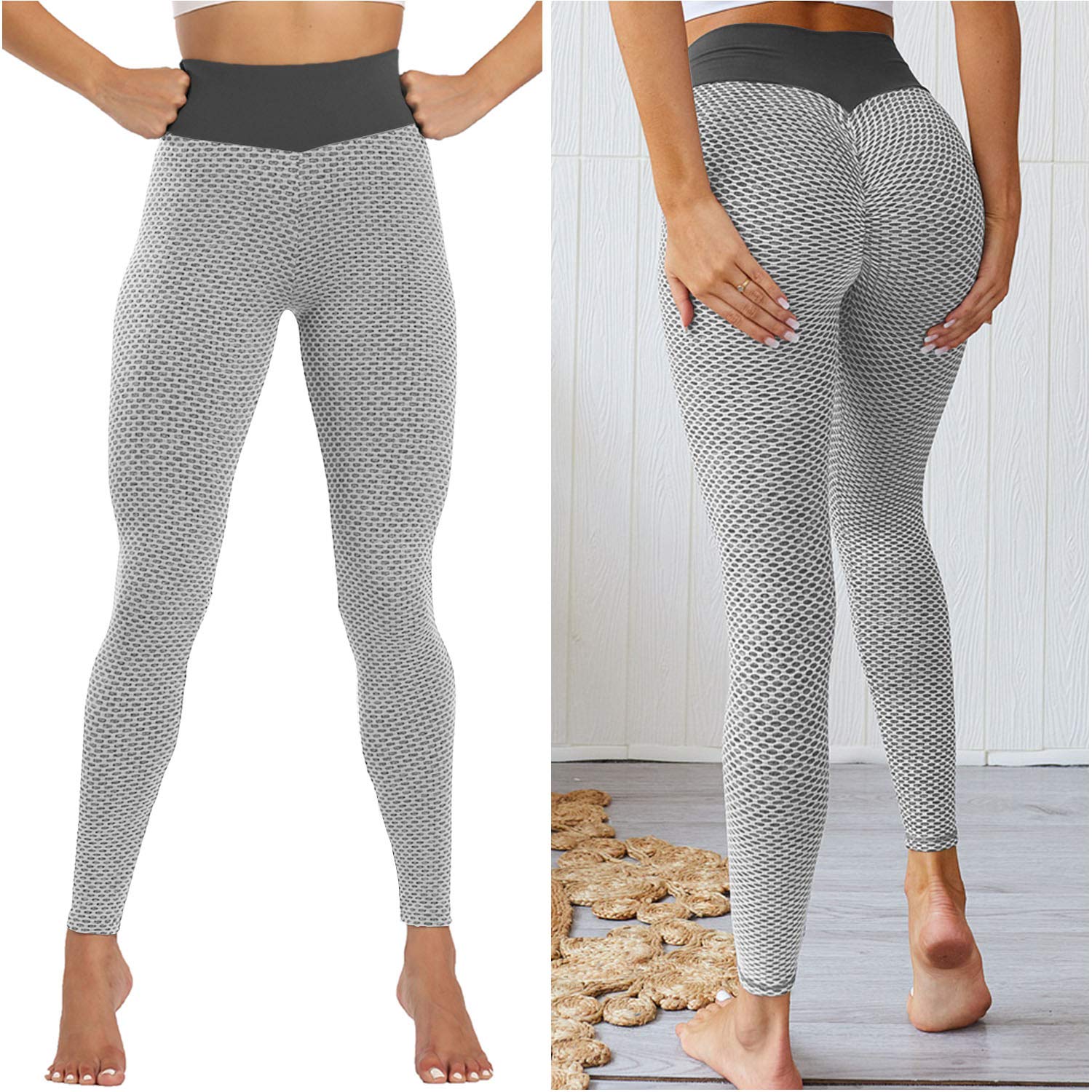 SZKANI Women High Waisted Yoga Pants Textured Ruched Butt Lifting Leggings Anti Cellulite Workout Tights((B)-Gray,Medium)