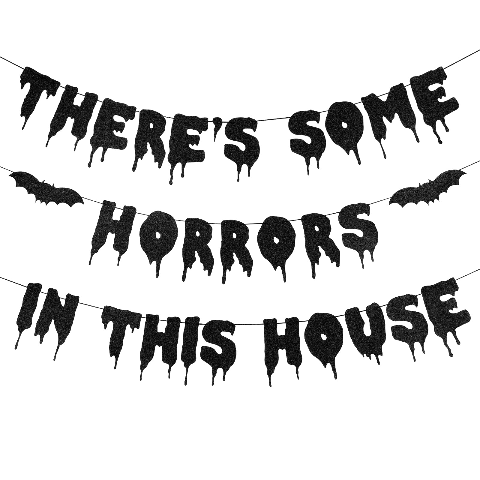 There's Some Horrors In This House Banner Black Glitter - Halloween Horror Party Banner Decorations for Home Office Fireplace Mantle Halloween Haunted House Decorations Halloween Bat Decor