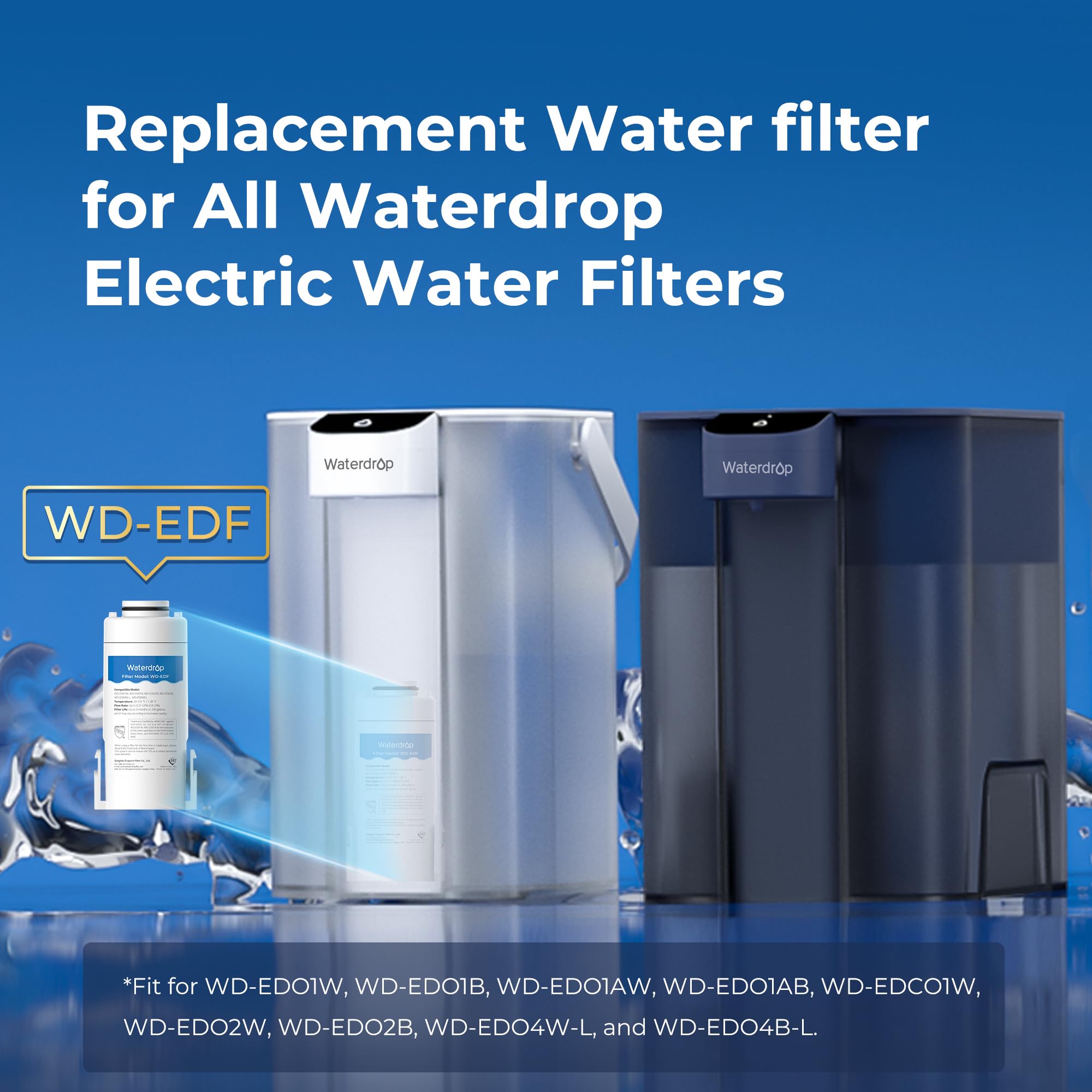 Waterdrop WD-EDF Replacement Filters for All Waterdrop ๐๐ฅ๐๐๐ญ๐ซ๐ข๐ Pitcher, WD-ED01W, WD-ED01B, Last Up to 3 Months or 200 Gallons, NSF/ANSI 401&53&42, Reduce Chlorine, Lead, PFAS (Pack of 3)