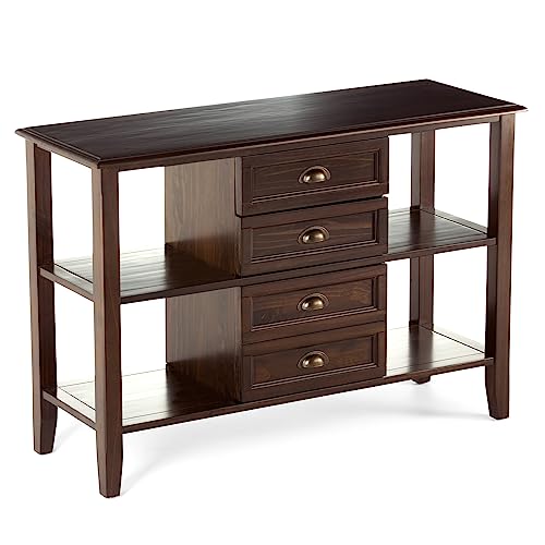 SIMPLIHOME Burlington SOLID WOOD 44 inch Wide Transitional Console Sofa Entryway Table in Mahogany Brown with Storage, 3 Drawers and 4 Shelves, for the Living Room, Entryway and Bedroom