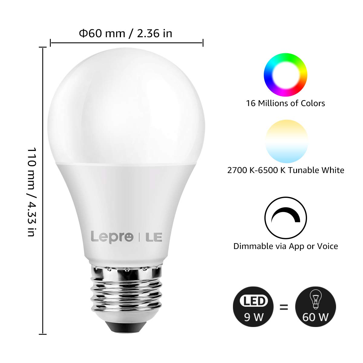 Smart WiFi Light Bulbs, LED Color Changing Lights, Compatible with Alexa & Google Home, Dimmable with App, 60 Watt Equivalent, A19 E26, No Hub Required, 2.4GHz WiFi Only (2 Pack)
