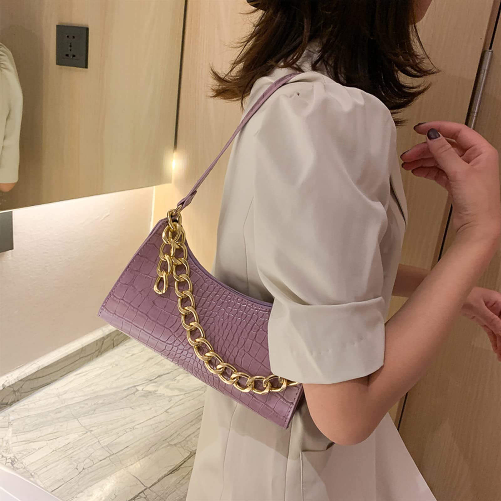Women Shoulder Purse 90s Retro Handbags With Chain Decor Handle Design Crocodile Pattern Clutch Bag, Purple
