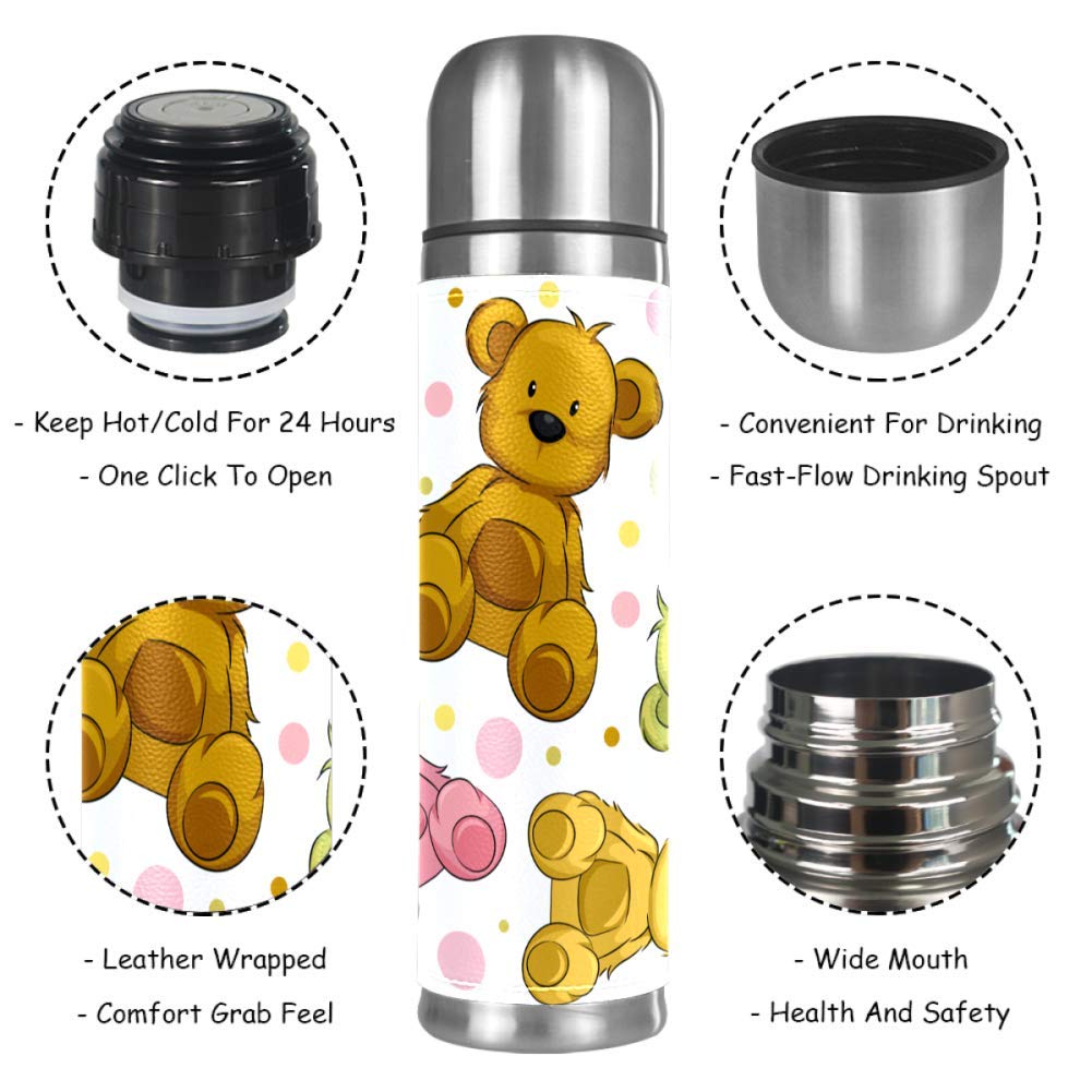 Stainless Steel Leather Vacuum Insulated Mug Featuring Bears Thermos Water Bottle For Hot And Cold Drinks Kids Adults 16 Oz