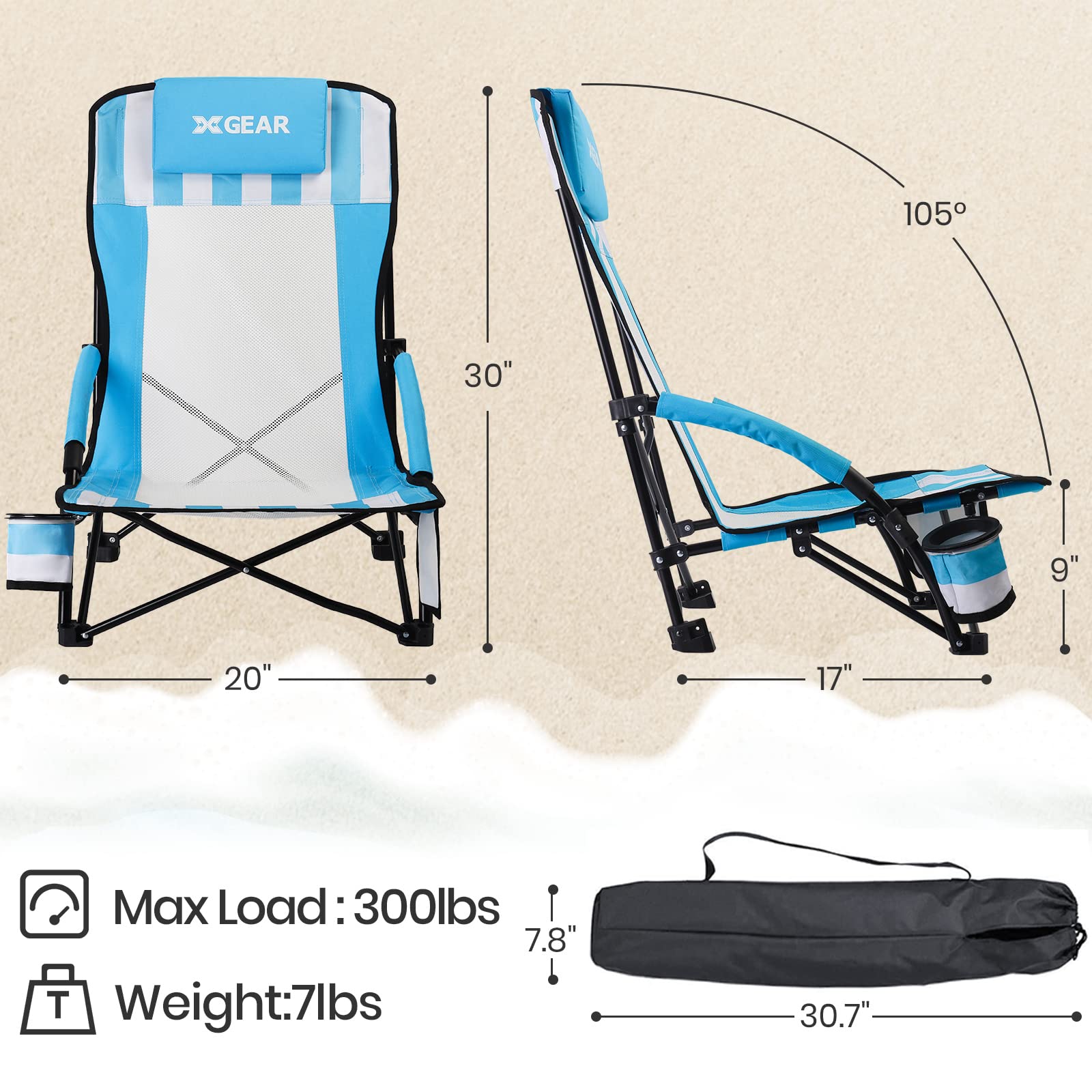 XGEAR Beach Chair Low Seat Beach Chair for Adults High Back Camping Chair with Cup Holder Blue & White