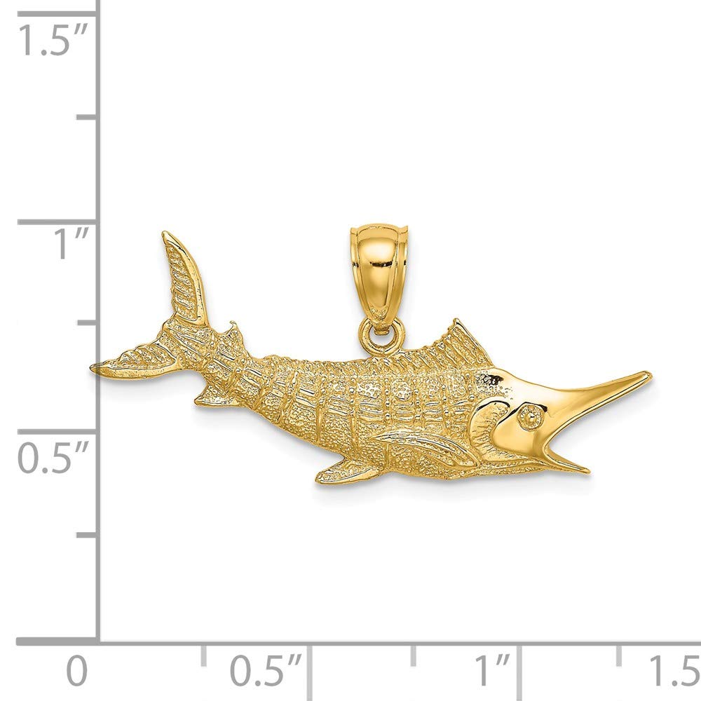 Solid 14k Yellow Gold 2-D Textured Marlin Fish Charm Pendant - 12mm x 31mm