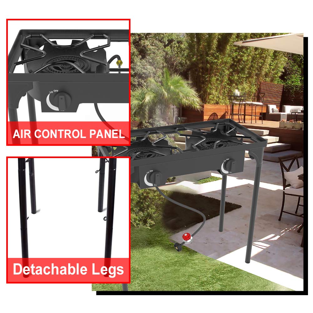Outdoor & Indoor Portable Propane Stove, Single & Double Burners with Gas Premium Hose, Detachable Legs for Backyard Kitchen, Camping Grill, Hiking Cooking, Outdoor Recreation (DB02-Large,2 Burners)