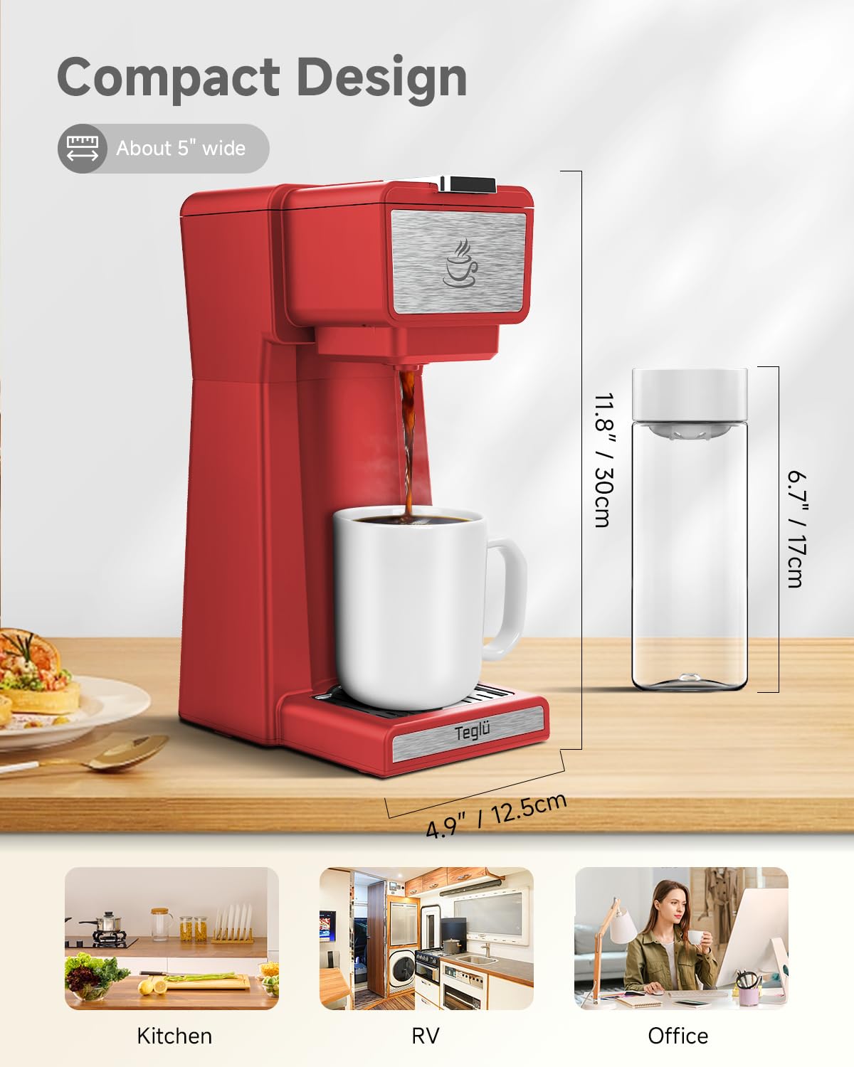 Teglu Single Serve Coffee Maker for K Cup & Ground Coffee, Single Cup Coffee Maker 6 to 14 oz, Fits Travel Mug 6.7", CM-206, Red