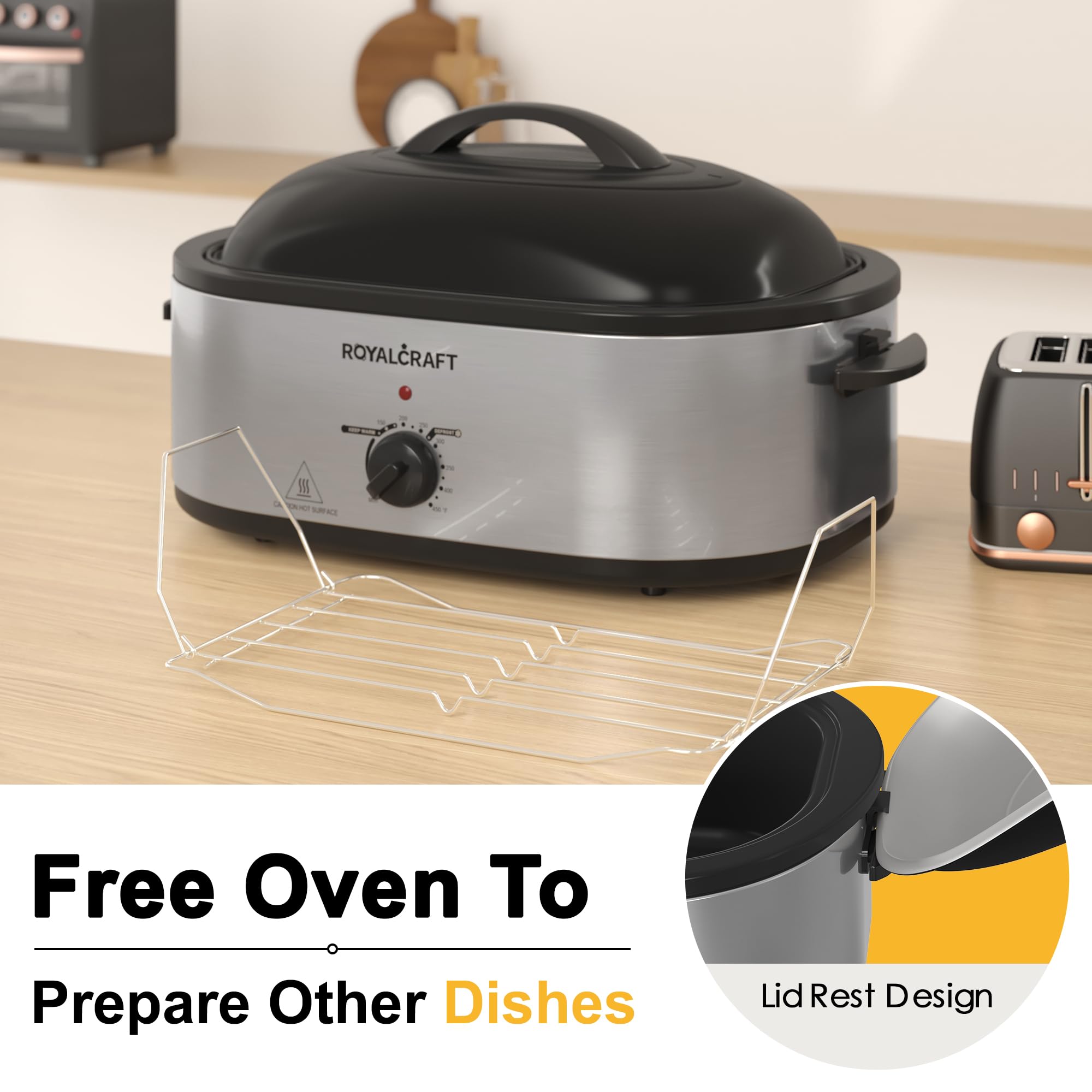 RoyalCraft 18-Quart Electric Roaster Oven - Perfect for Large Meals and Holiday Feasts, Silver