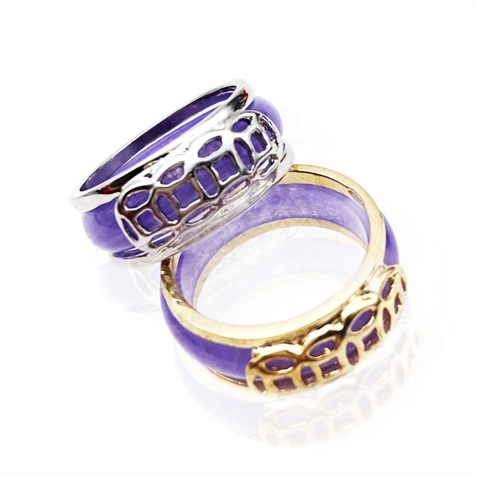XIAOKUGUA 2PCS Elegent Hand Carving Green Purple Jades Ring Size :7-9 (Main Stone Color : Gold and Silver, Ring Size : 8)