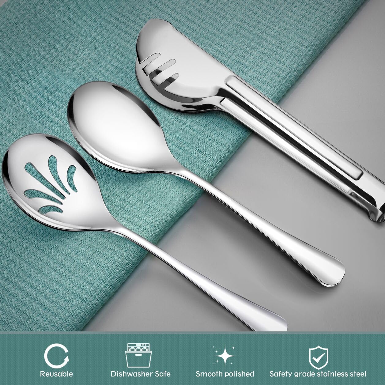 Teivio Stainless Steel Serving Utensils Set, Include Large Set of 18 Pieces - Serving Spoons, Slotted Spoons and Serving Tongs, for Catering/Buffet/Chafing Dish (Silver)