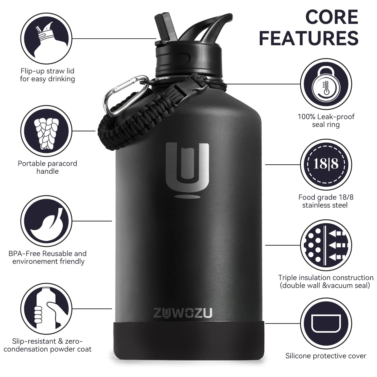 ZUWOZU 1 Gallon Water Bottle Insulated, 128oz Large Stainless Steel Water Bottles with Straw, Spout & Handle Lid, Big 1 Gallon Water Jug with Carrier Bag w/Strap, Perfect for Hot&Cold Drinks,Black