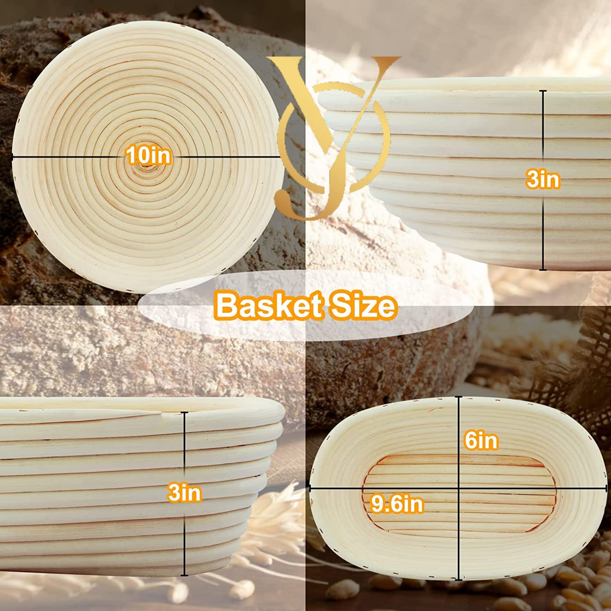 YJ DESIGNS 10 Pieces Banneton Bread Proofing Basket Set of 2-10" Round & 9.6" Oval - Sourdough Bread Baking Supplies - Bread Making Tools and Supplies - Sourdough Starter Kit - Bread Proofer