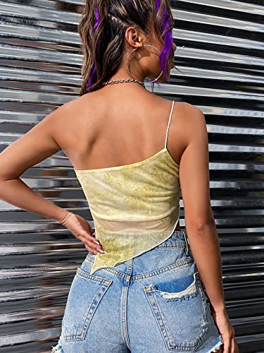 Womens Tops Graphic Print One Shoulder Asymmetrical Hem Mesh Crop Top (Color : Yellow, Size : Small)