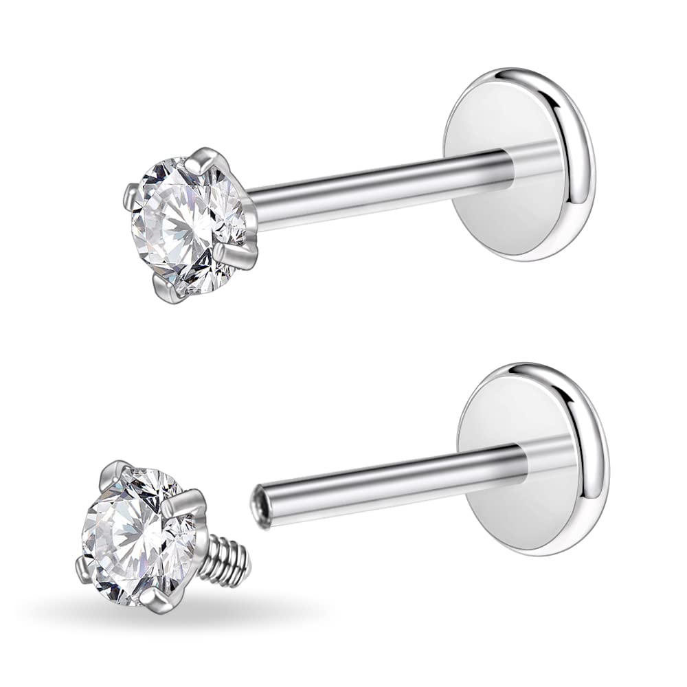 PunkTracker 16g/18g Surgical Steel Internal Thread CZ Stud Piercing Jewelry for Tragus/Nose/Helix/Conch/Medusa/Lip/Labret - Helix Tragus Cartilage Earring for Women Men 2PCS