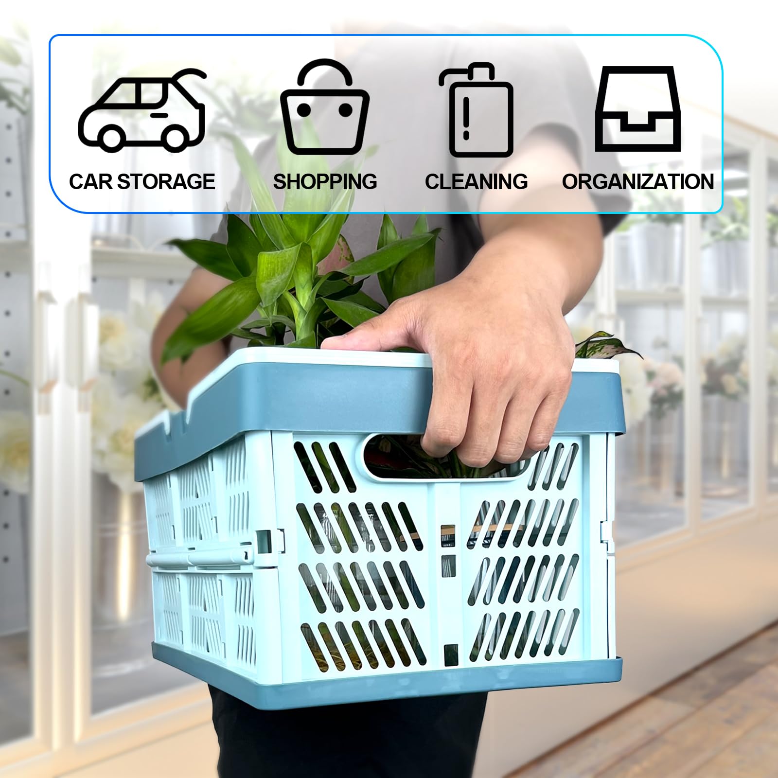 Plastic Basket with Handle, 15-Liter Folding Pastel Crates for Organizing and Storag Plastic Grocery Shopping Baskets Stackable Storage Bins for Kitchen Living-room Desktop Shelf Organing,Blue