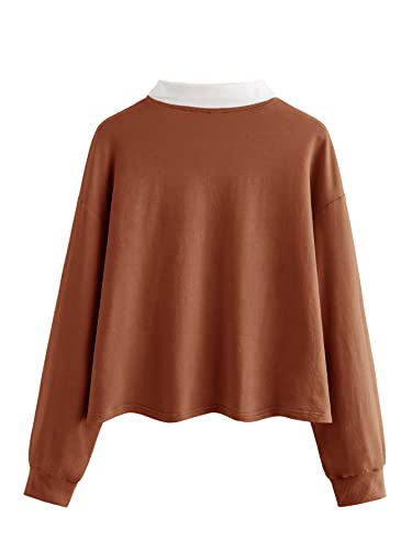Verdusa Women's Button Front Polo Collar Drop Shoulder Pullover Top Sweatshirt Brown S