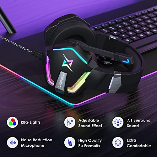 targeal Gaming Headset with Microphone for PC PS5 PS4 Switch Laptop Mac, USB Wired 7.1 Surround Sound Gaming Headphones with Omni-Directional Noise Canceling Mic, RGB LED, without Type C Cable