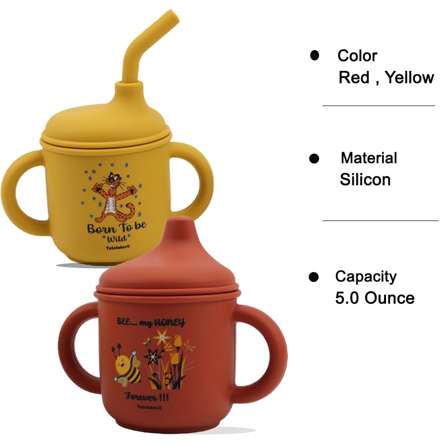 TeleiotesĀ® 2 Pcs Silicone Sippy Cup for Toddler,Transition Straw Cups for baby 6 months +,Training Sippy Cups for Babies with Two Handles,Dishwasher & Microwave Safe,BPA Free 5oz