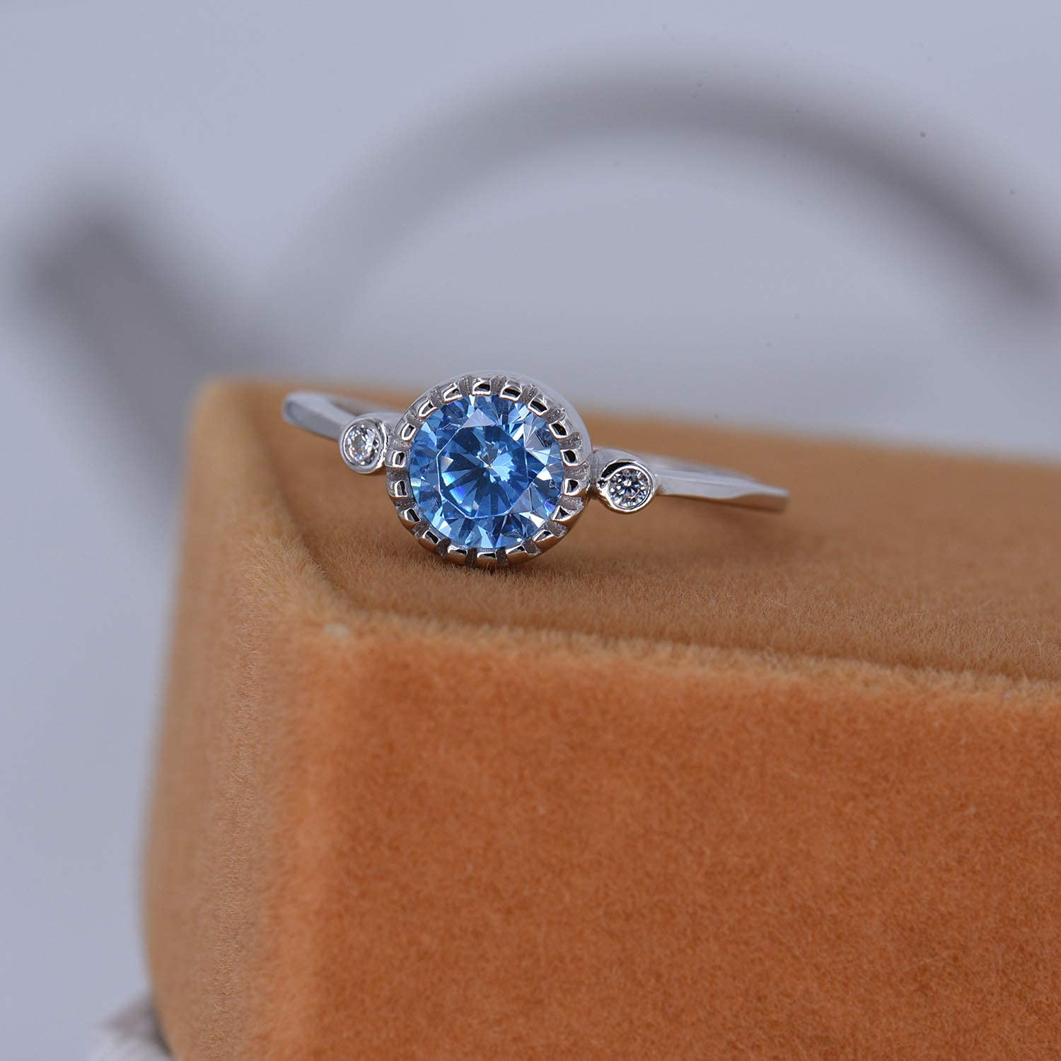 Sterling Silver 925 Art Deco Three Stone Ring Blue CZ Engagement Ring Anniversary Ring November Birthstone