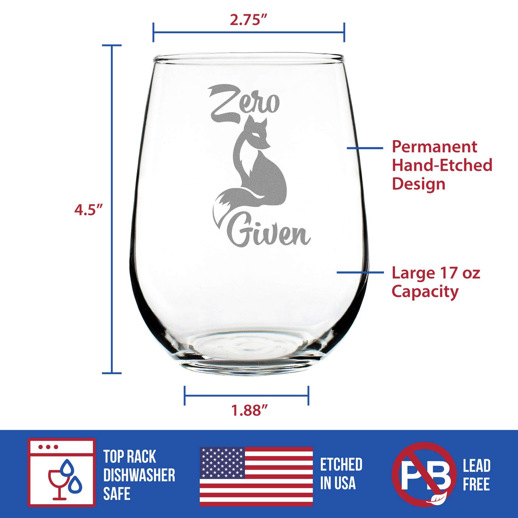 Zero Fox Given β Cute Funny Stemless Wine Glass, Large 17 Ounce, Etched Sayings, Gift Box