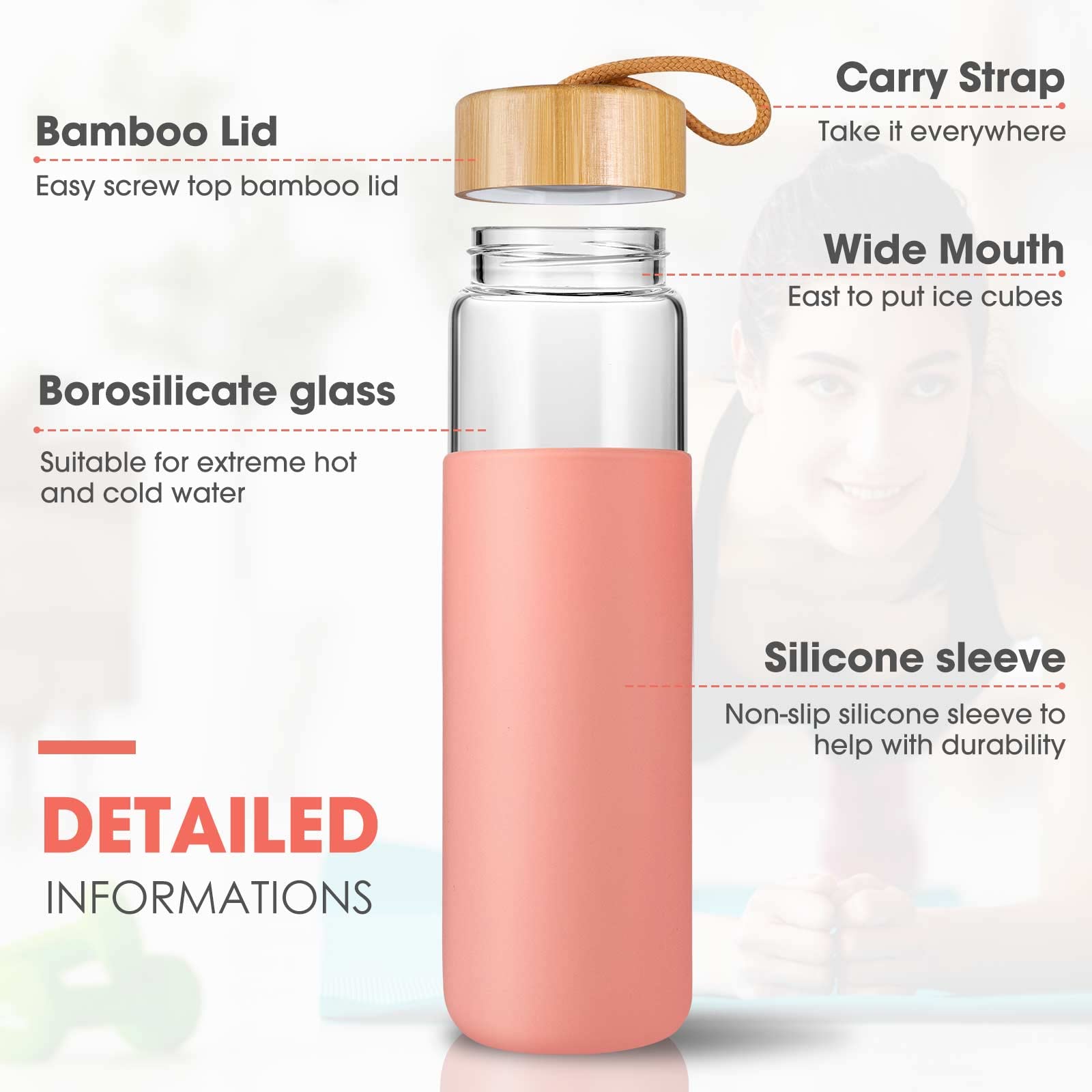 Yomious 20oz Bundle with 25oz Glass Water Bottle with Bamboo Lid and Silicone Sleeve β Reusable BPA Free β Glass Drinking Bottle with Lids