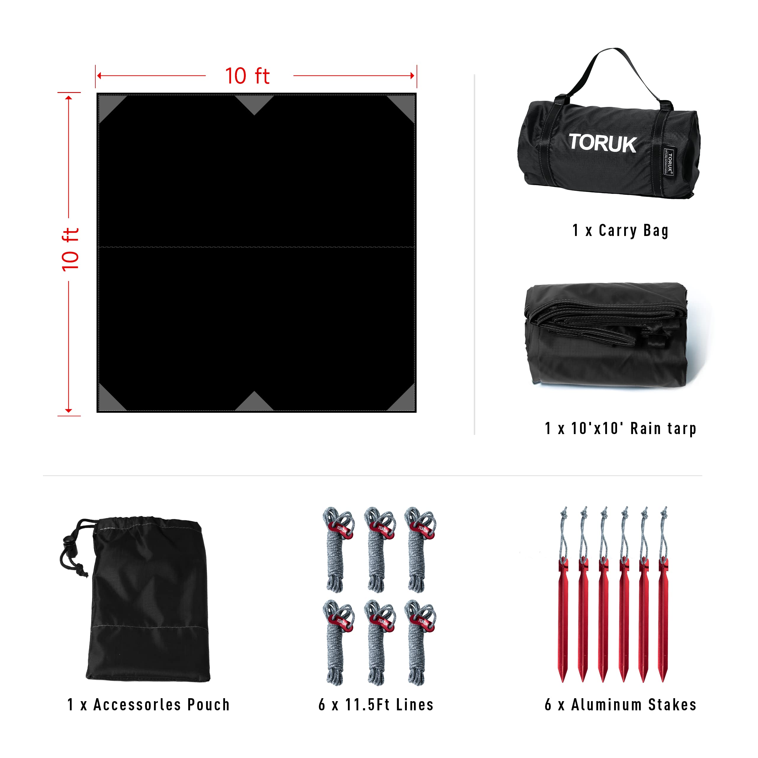 TORUK 10x10Ft Camping Tarp Waterproof | Portable Lightweight Hammock Tarp | Multifunctional Hammock Rain Fly for Camping Hiking Fishing Picnic (Black)