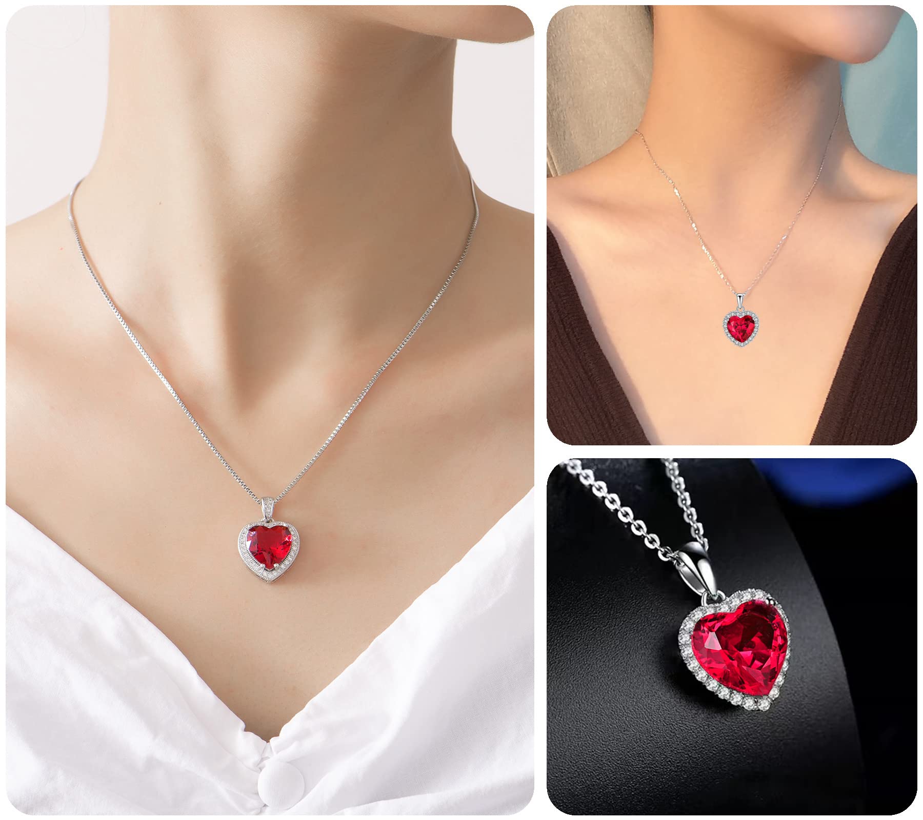 VONSSY Red Heart Pendant Necklace | Oval Bow Waterdrop Created-Ruby Pendant Necklace | Statement Vintage Stylish Jewelry Gift (Heart A-Platinum)