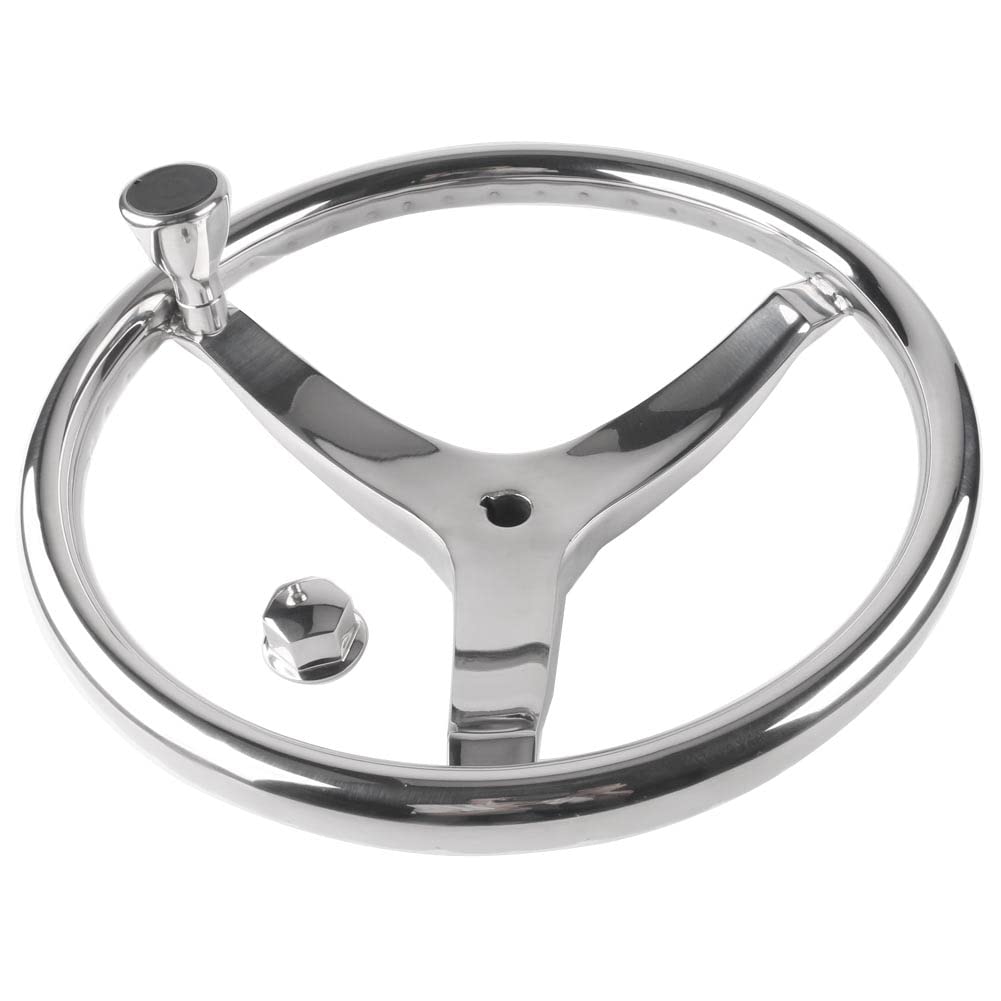 Stainless Steel Boat Steering Wheel 3 Spoke 13-1/2" Dia, with 5/8" -18 Nut and Turning Knob for Seastar and Verado