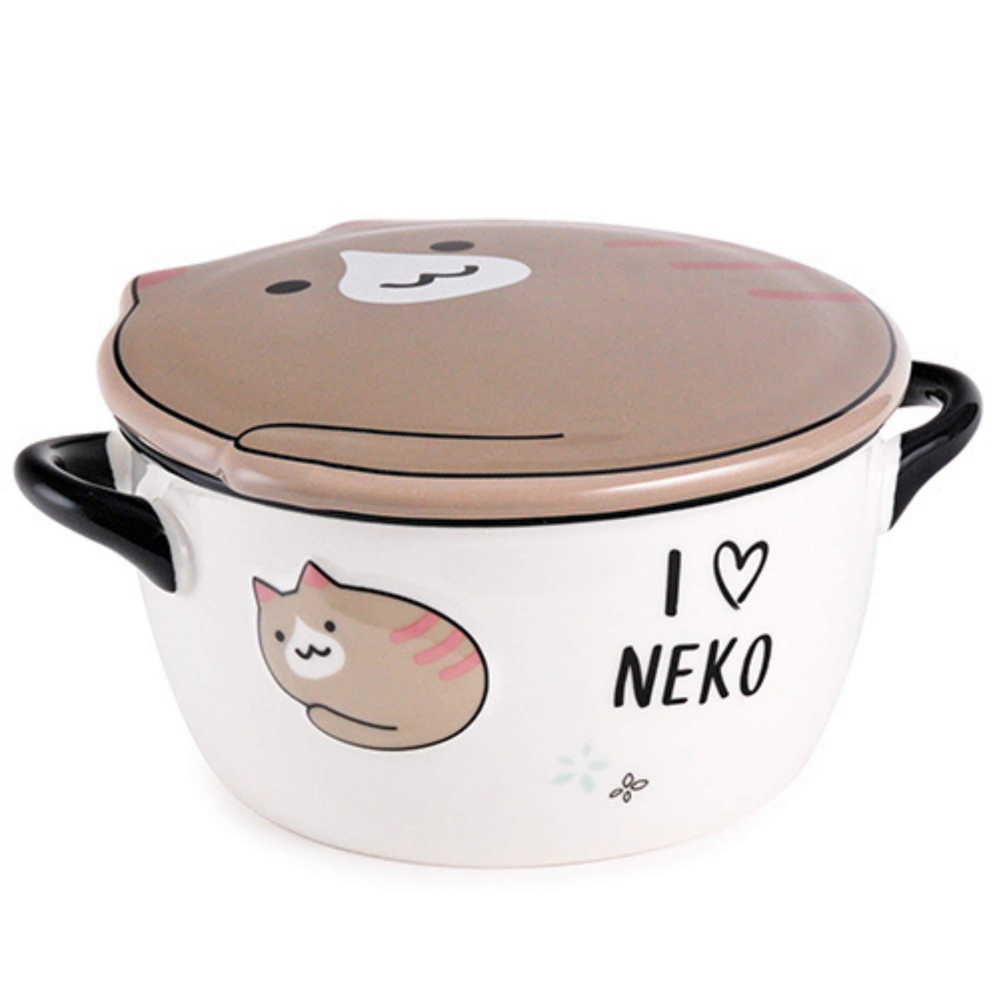 White and Brown Ceramic Japanese Bowl with Lid and Mini Handles, Neko Lucky Cat Microwavable Dish for Noodles and Rice, 5 3/4 Inches