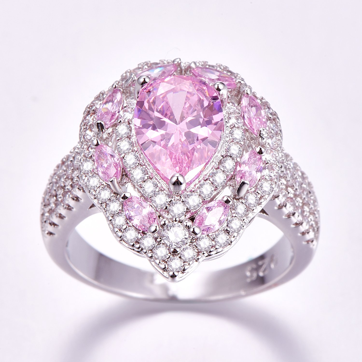 Veunora Gorgeous 925 Sterling Silver Filled 7x10mm Pink Topaz Cubic Zirconia Cluster Cocktail Ring for Women Size 9