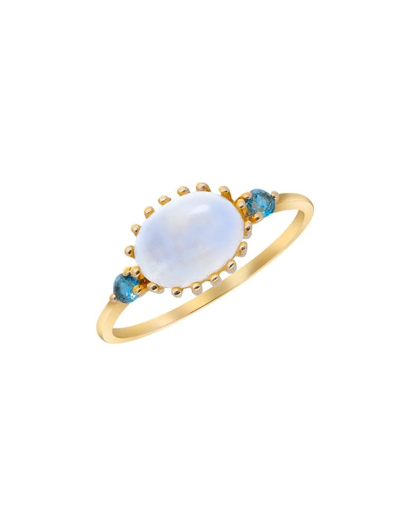 YoTreasure 2.04 Ct. Rainbow Moonstone London Blue Topaz Promise Ring 14K Yellow Gold Jewelry