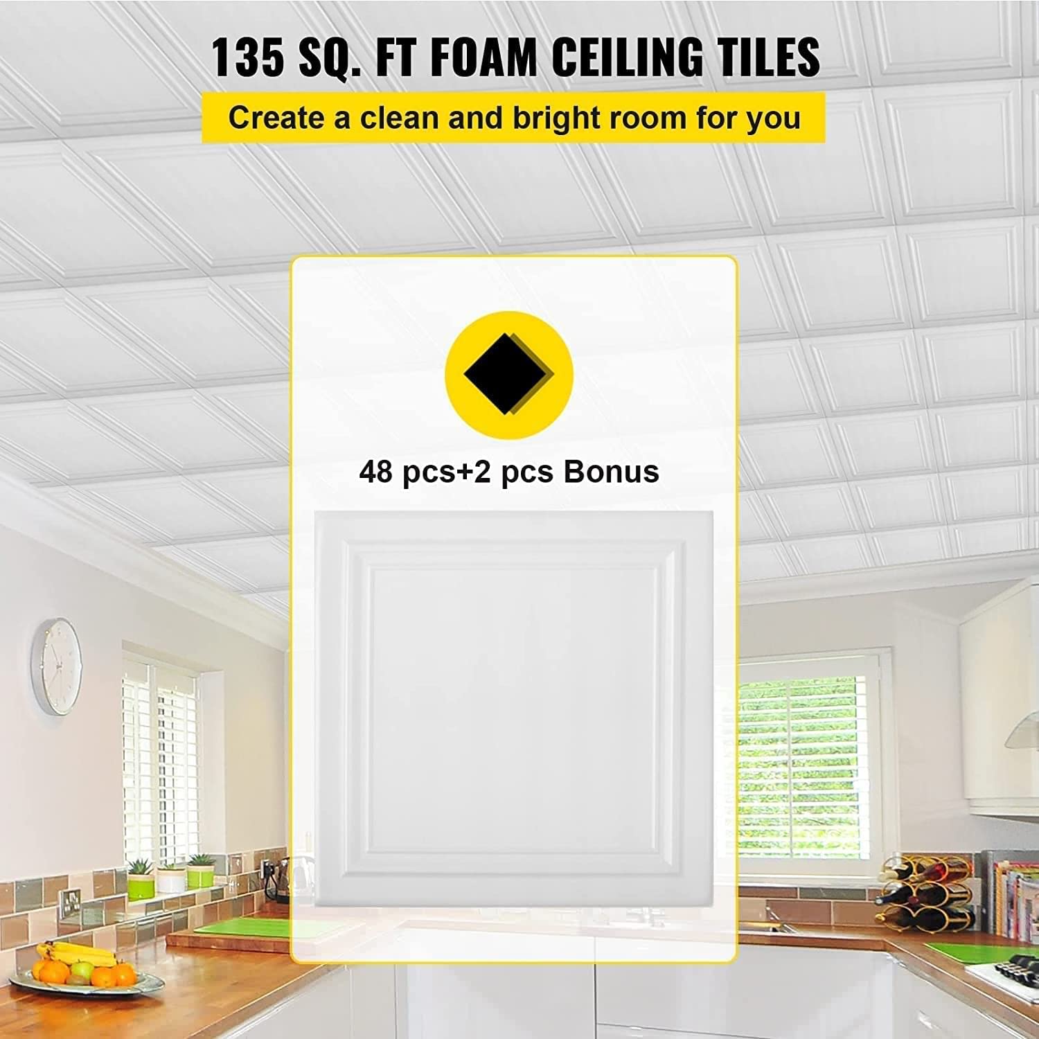 VEVOR Foam Ceiling Tiles, 19.7" x 19.7" Glue-up Ceiling Tiles, 100 pcs Lightweight Ceiling Tiles, 270 sq. ft Paintable Ceiling Tiles, 1/5" Thick Lay-in Ceiling Tile Pack for Roof and Wall Decoration
