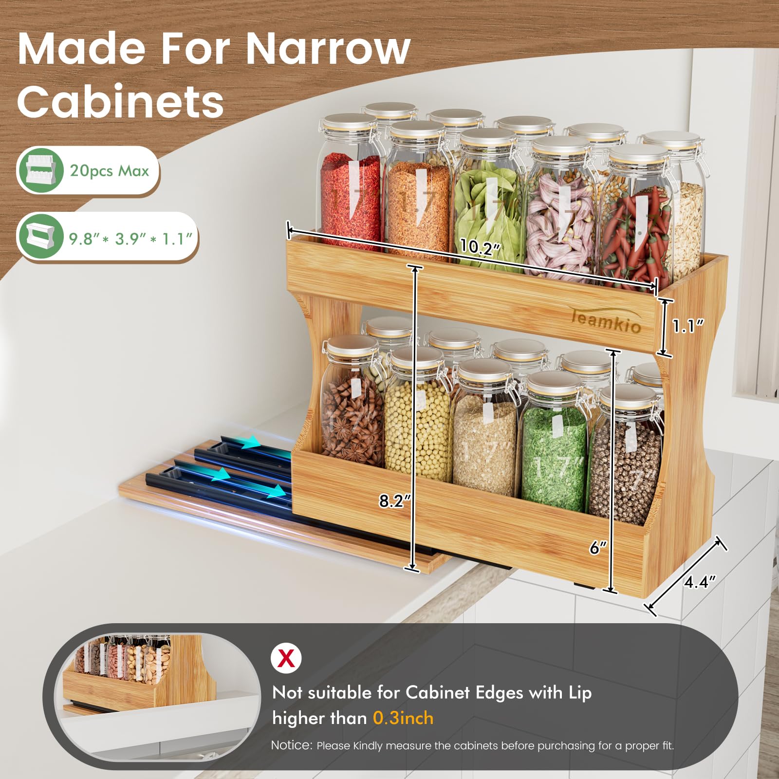 Teamkio Bamboo Spice Rack Organizer for Cabinet, 2-Tier Pull Out Spice Rack, Tool-Free Install Slide Out Vertical Seasoning Spice Organizer for Kitchen Cabinet(Bottles not included