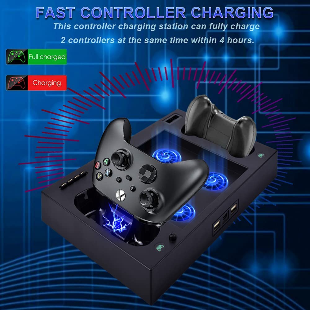 Xbox Series X Cooling Stand, Megadream Dual Controller Charging Dock Station with 4 Cooling Fan, 1 Headphone Holder, 2 Pack 1400mAh Rechargeable Batteries for Xbox Series X Console